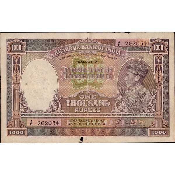 Extremely Rare One Thousand Rupees Banknote of King George VI Signed by ...