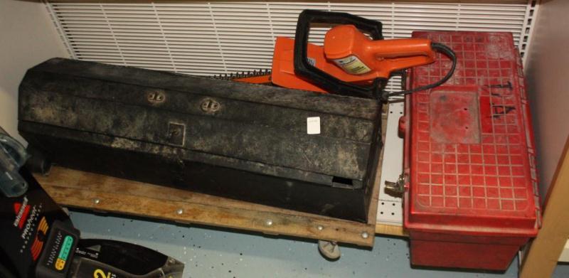 2 tool Boxes Hedge Trimmer & a Rolling cart