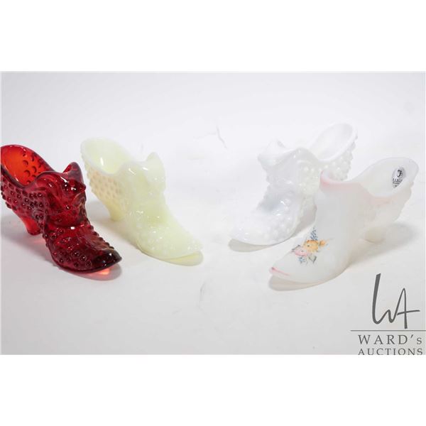 Four Fenton Glass Slippers Including Yellow Hobnail With Molded Mark
