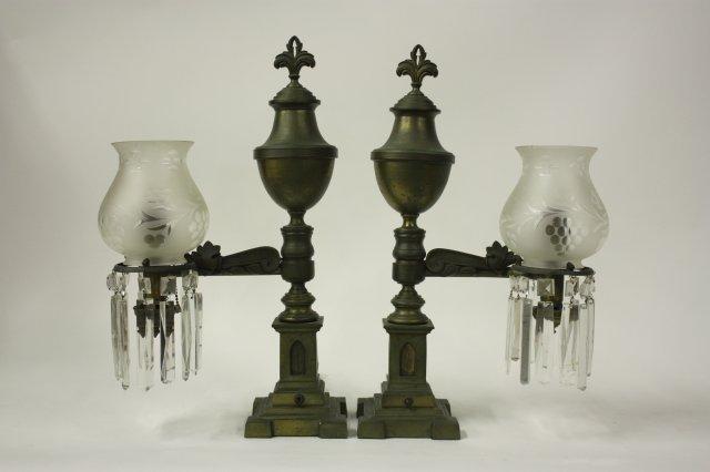 Pair bronze & crystal argon lamps - ca. 1840's. Electrified. Chips on ...