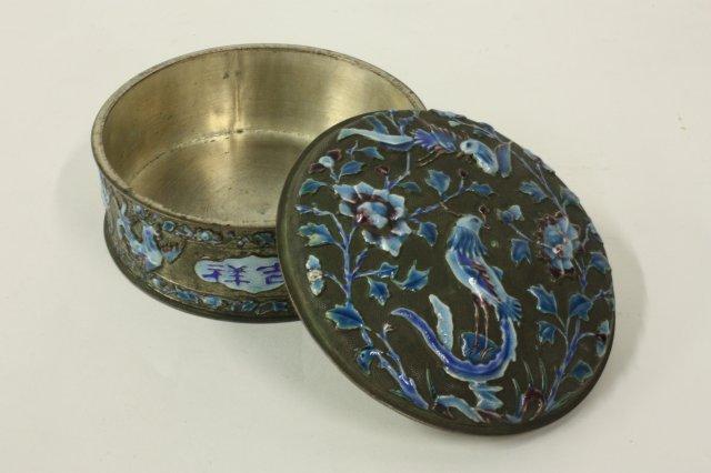 Old Chinese enameled round box - Decorated with birds & flowers. Approx ...