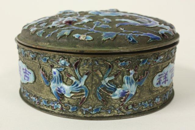 Old Chinese enameled round box - Decorated with birds & flowers. Approx ...