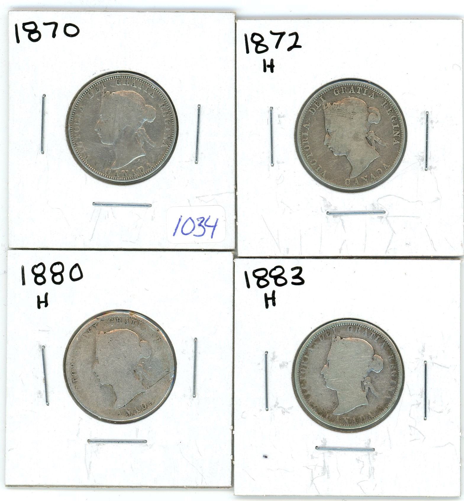 1870, 1872H, 1880H, 1883H Canadian Silver Twenty-Five Cent Coins (4) - Schmalz Auctions