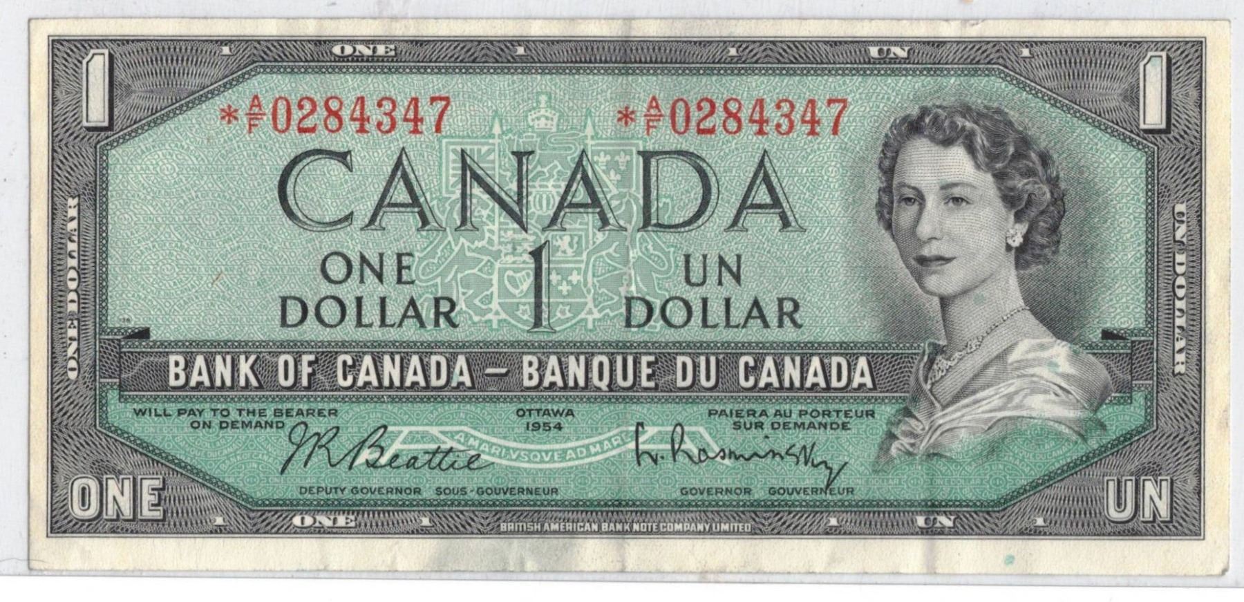 1954 Bank of Canada One Dollar Note with Asterick , *AF0284347