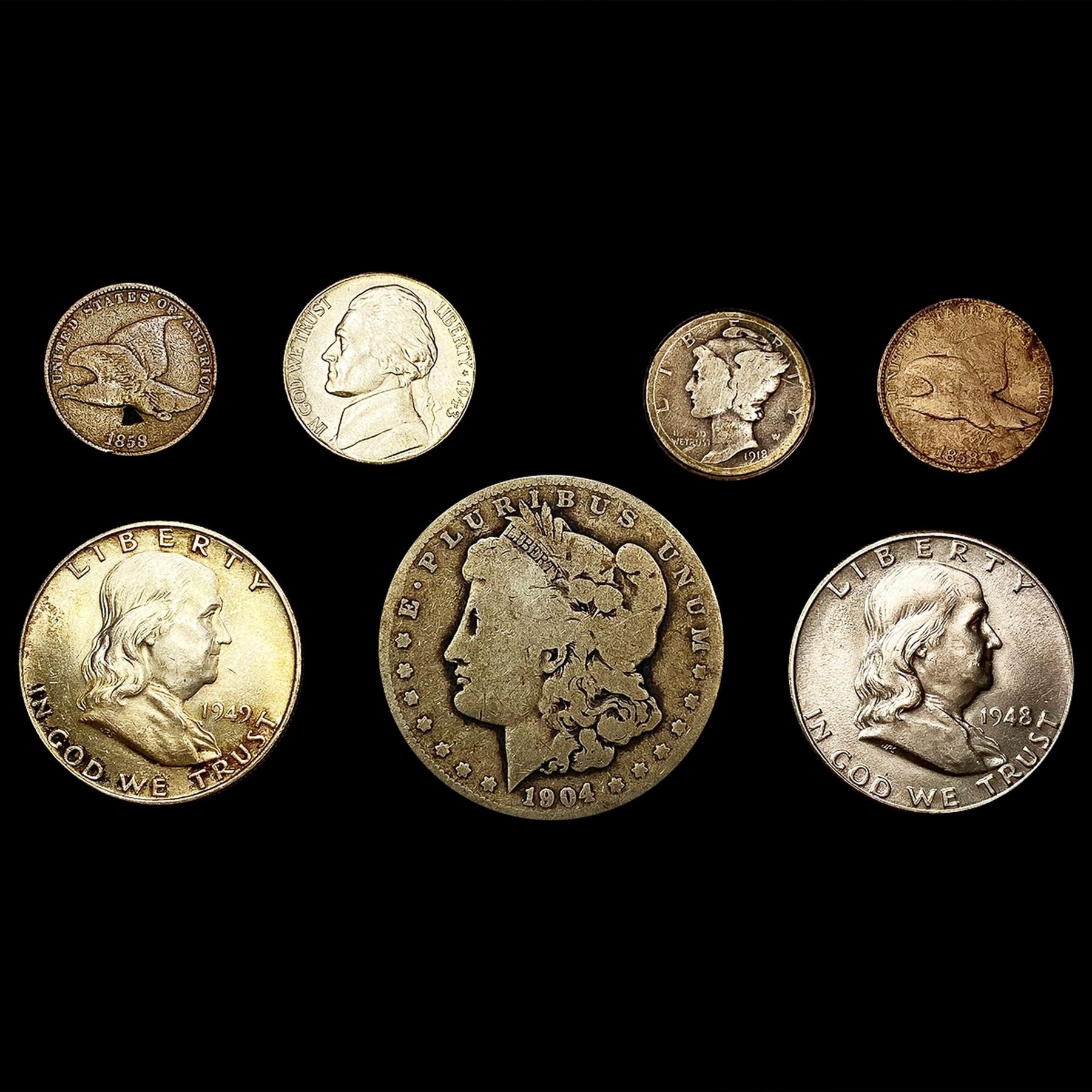 (7) Misc Coins ((2) 1858, 1918, 1943-S, 1948-D, 1