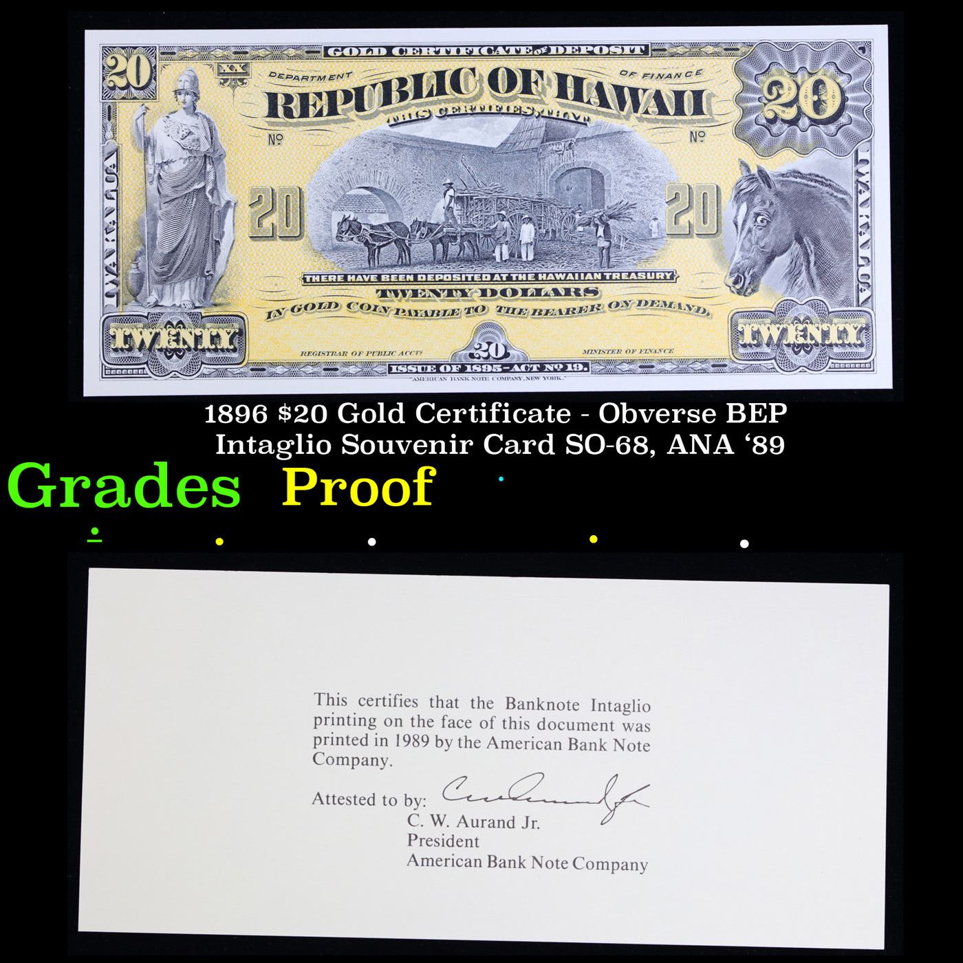 Proof 1896 $20 Gold Certificate - Obverse BEP Intaglio Souvenir Card SO ...