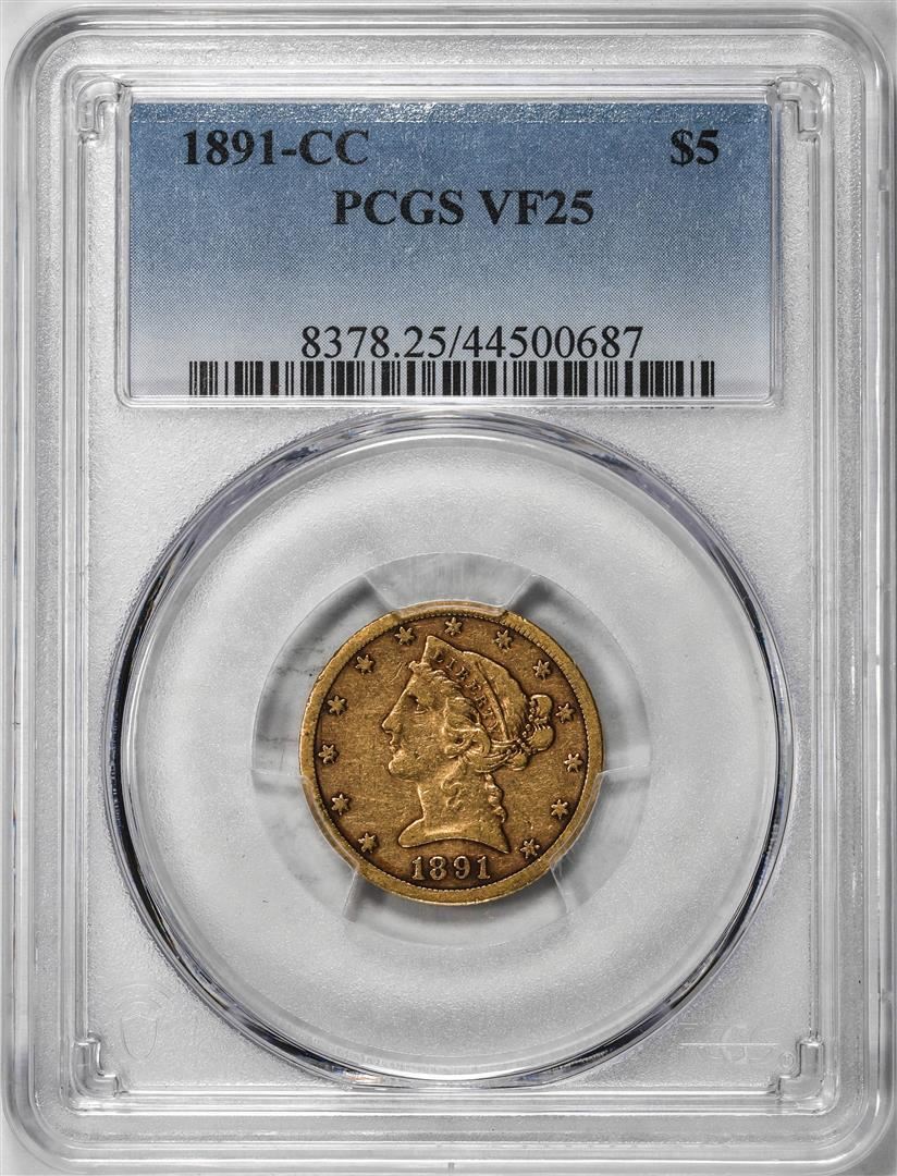 1891-CC $5 Liberty Head Half Eagle Gold Coin PCGS VF25