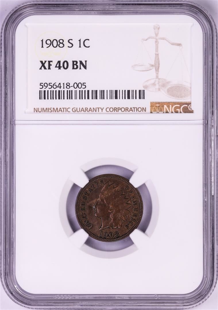 1908-S Indian Head Cent Coin NGC XF40BN