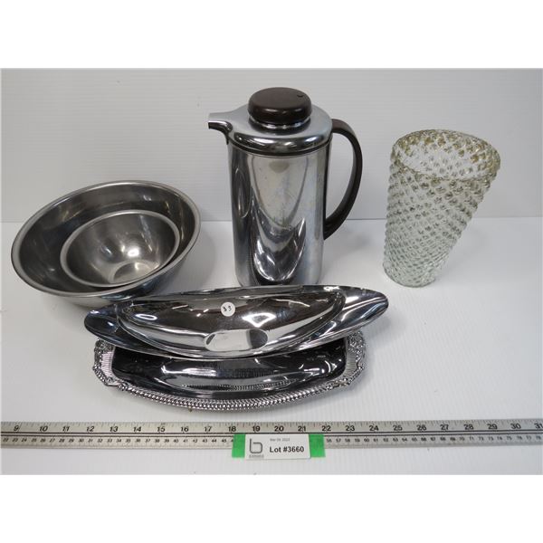 Metal Coffee Carafe Glass Vase Mixing Bowls 3 Metal Trays