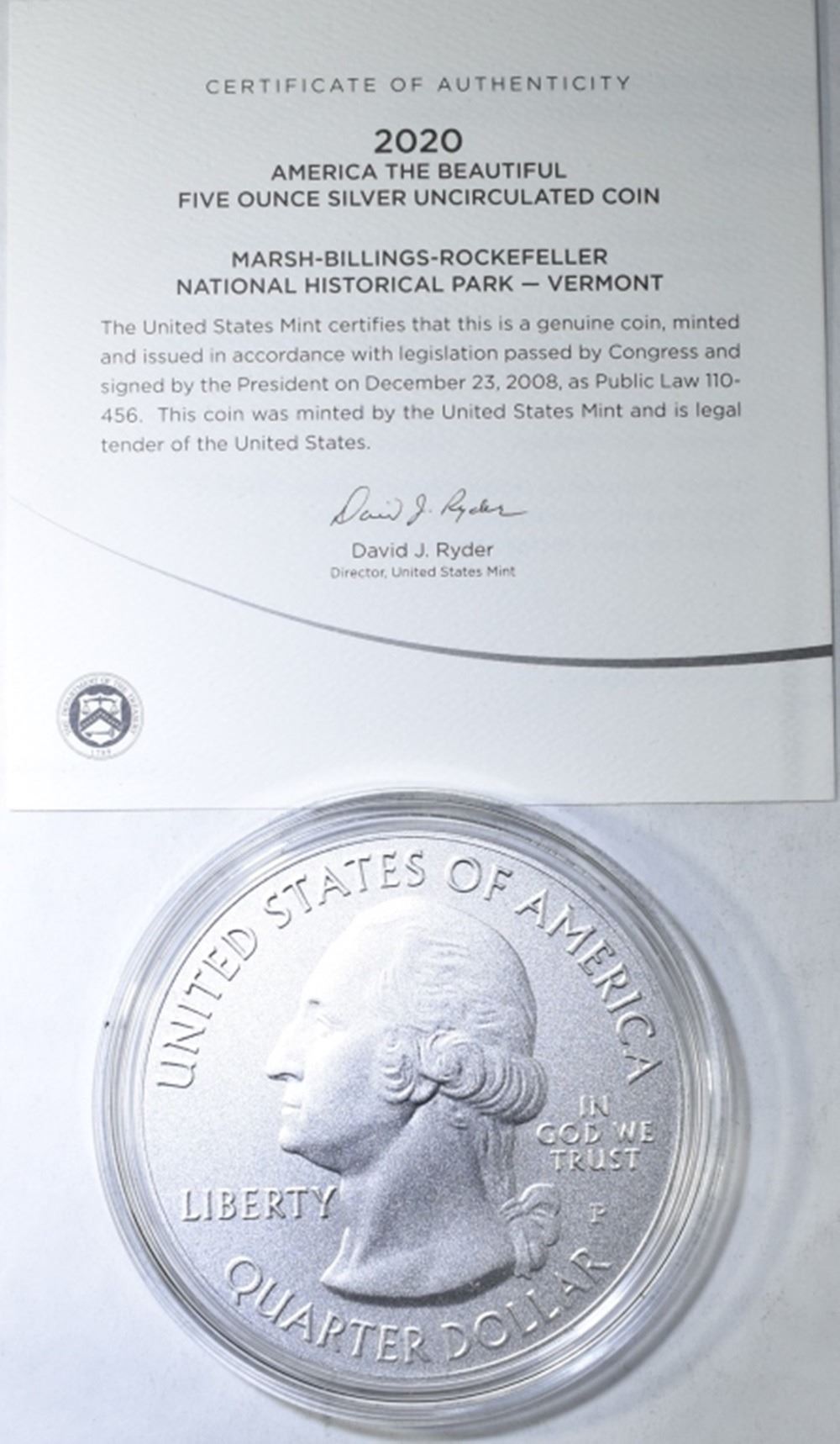 2020 ATB VERMONT 5 OZ SILVER QUARTER OGP