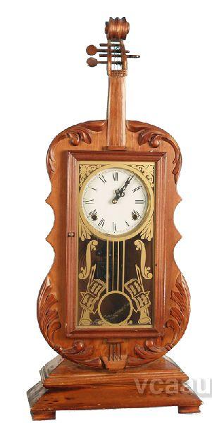 Carved Wood Violin Shaped Wall Or Mantle Clock w/ Key