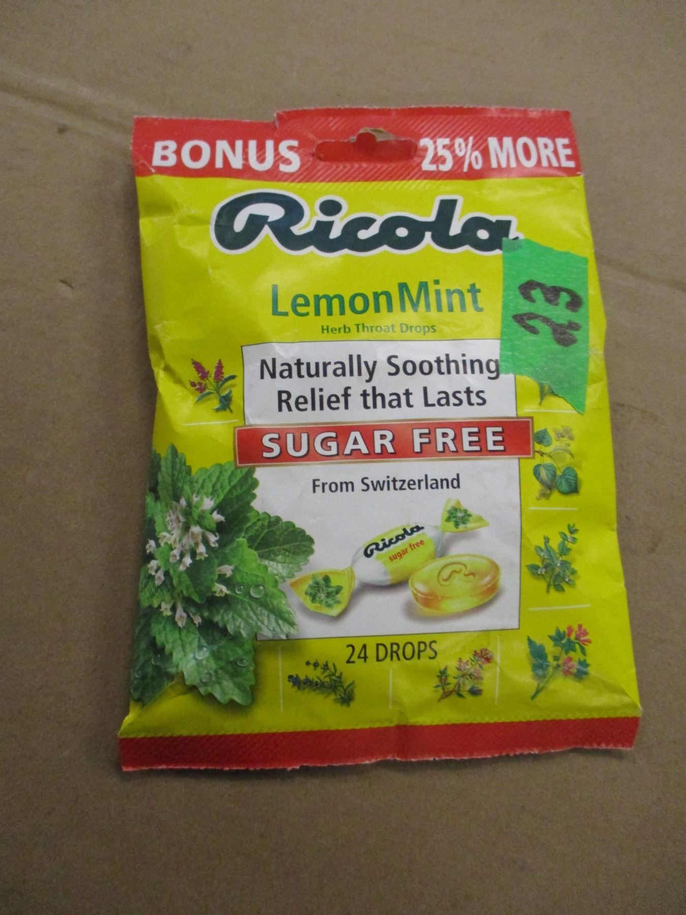 RICOLA LEMON MINT SUGAR FREE DROPS (24) - PER BAG