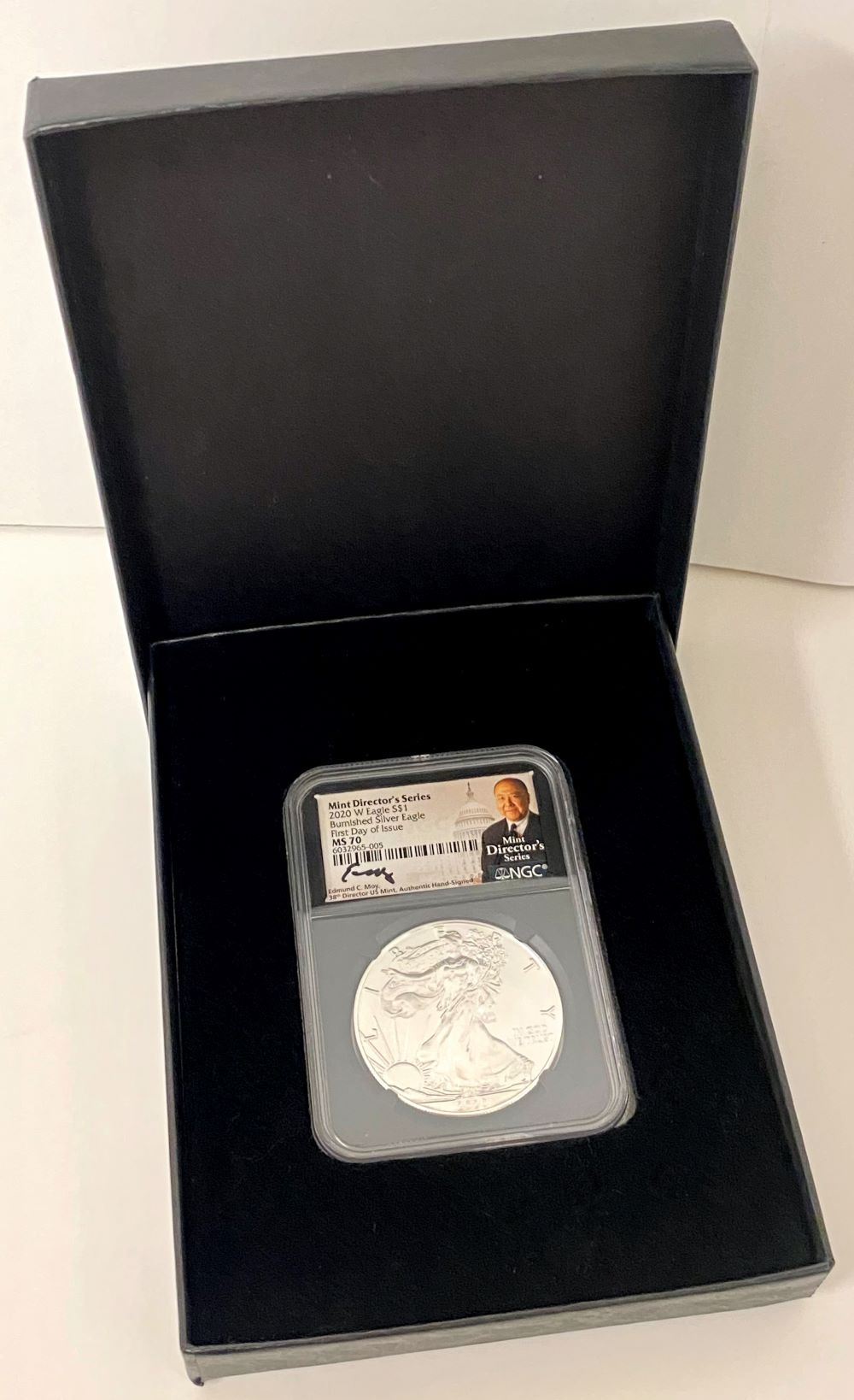 2020-W Burnished American Silver Eagle NGC MS70 First Day Of Issue Signed By Edmund C. Moy
