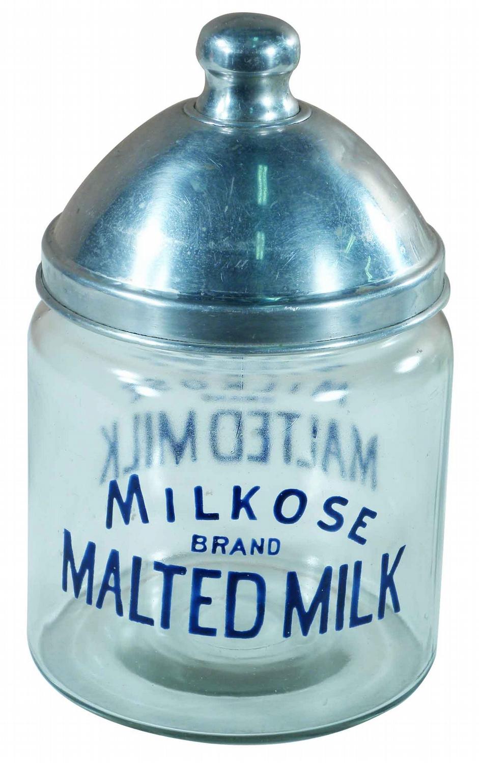 Milkose Brand Malted Milk Clear Glass Canister