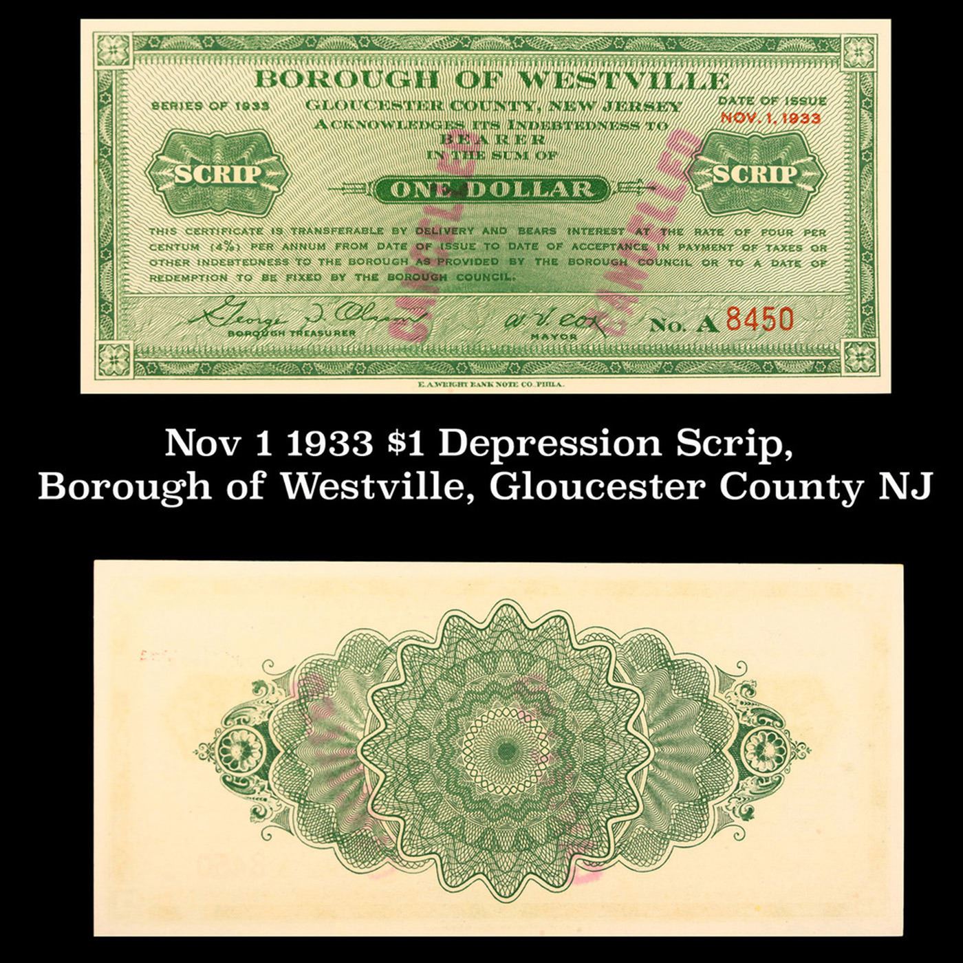 Nov 1 1933 $1 Depression Scrip, Borough of Westville, Gloucester County ...