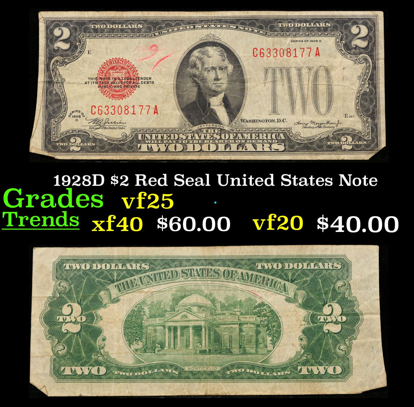 1928D $2 Red Seal United States Note Grades vf+