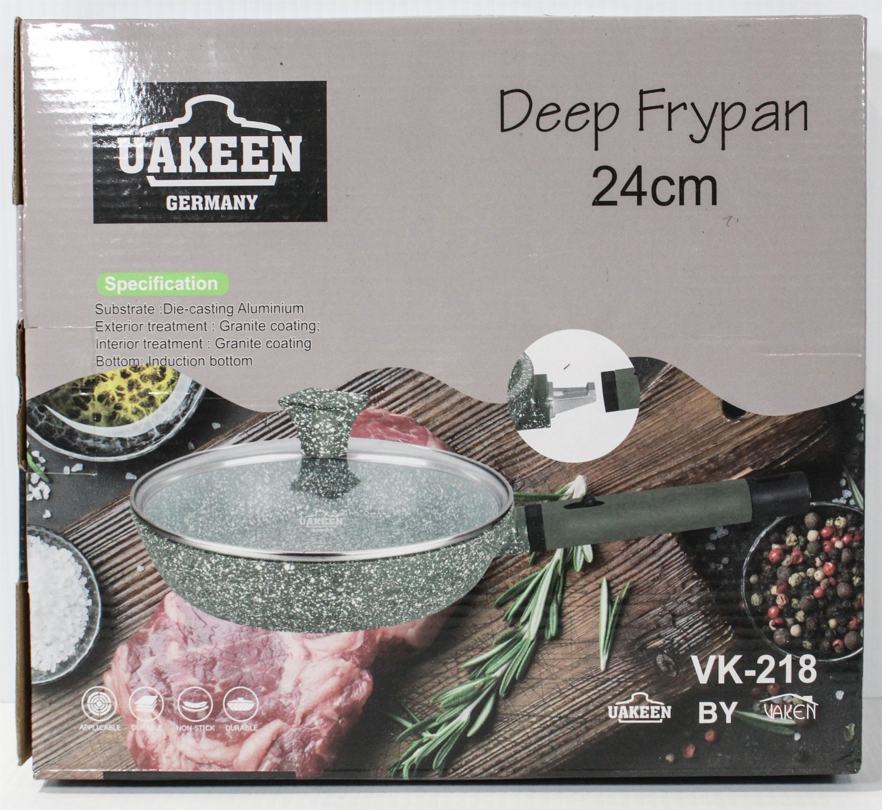 UAKEEN 24CM DEEP FRYING PAN W/LID - GRANITE FINISH
