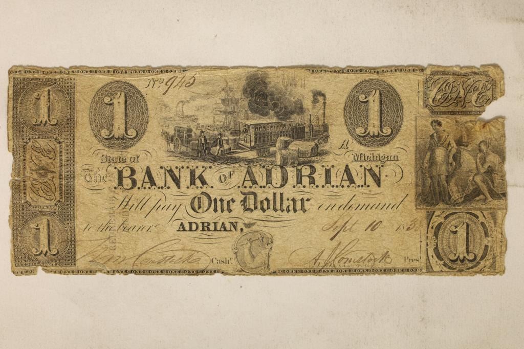 1838 BANK OF ADRIAN MICHIGAN $1 OBSOLETE BANK NOTE