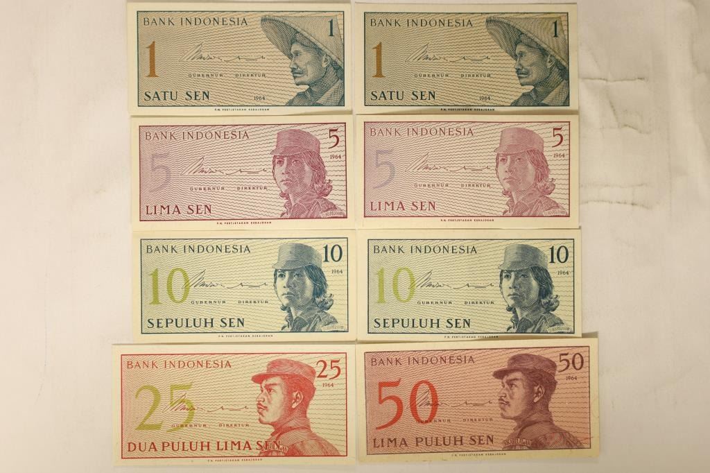 8-BANK OF INDONESIA 1964 BILLS: 2-1 SEN, 2-5 SEN,