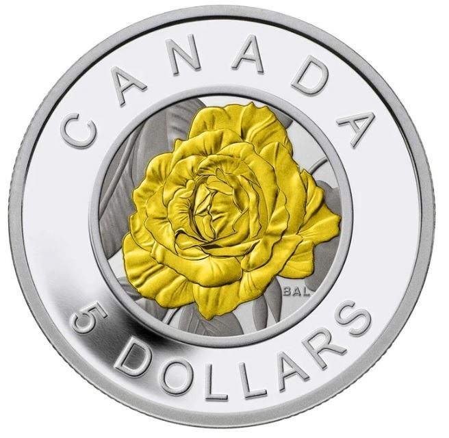 2014 FIVE DOLLAR Fine silver coin, Flowers in Canada Rose
