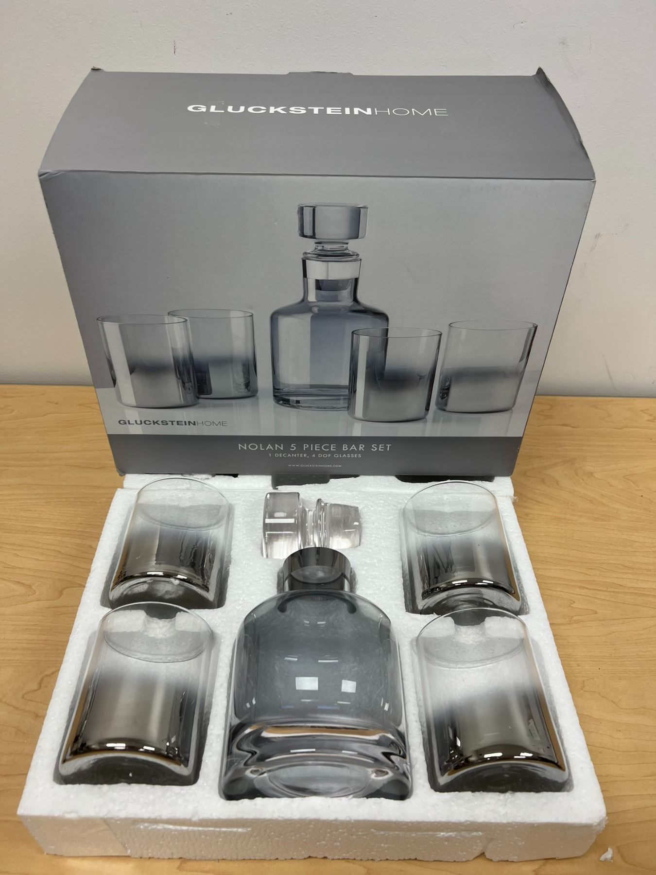 NICE Gluckstein Home "Nolan" Silver Fade Decanter & DOF Glasses - New ...