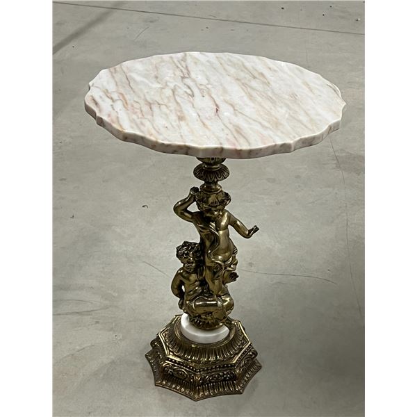 Vintage Marble Top Cherub Side Table / Plant Stand (approx: 18"W 23.75"T)