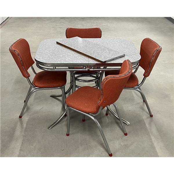 Original 1950s Chrome Formic Cracked Ice Dining Table w/Leaf & 4 Chairs