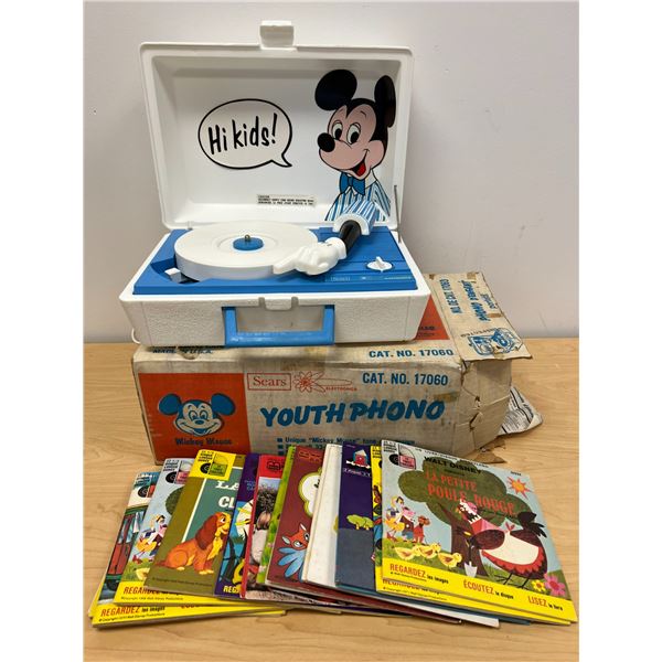 Vintage Sears Mickey Mouse Walt Disney Phono Record Player w/ 18 French ...
