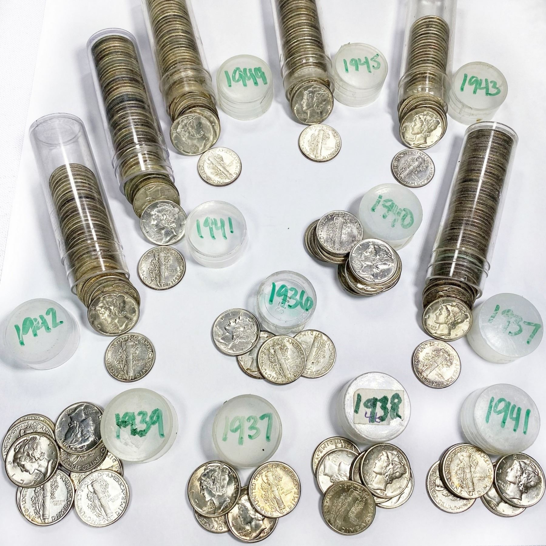 Mercury Dime Rolls (287 Coins) (1936, (2) 1937, 1