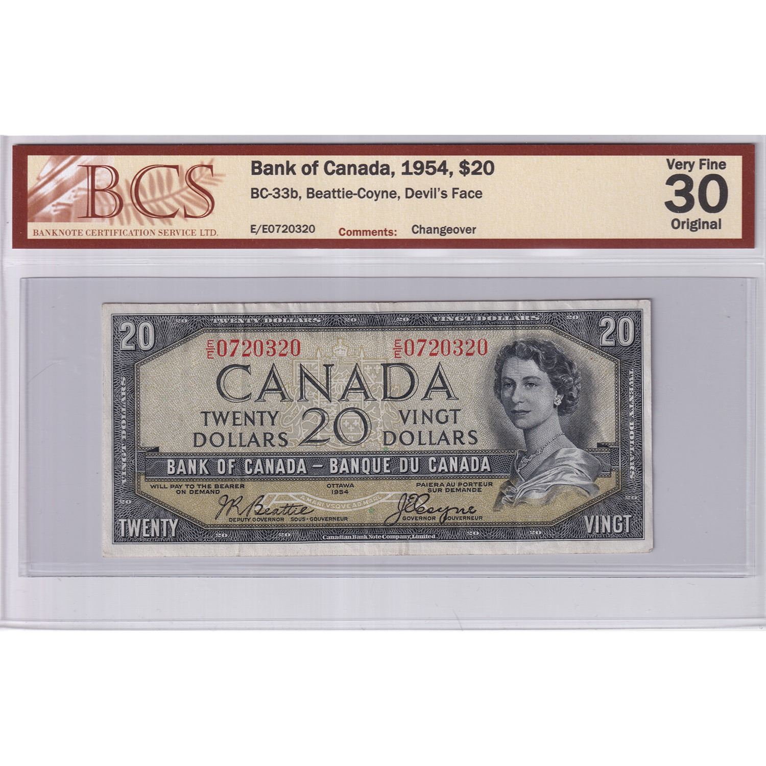 BC-33b 1954 $20 BCS VF30 Original Beattie-Coyne, Devil's Face, Changeover, SN: E/E0720320