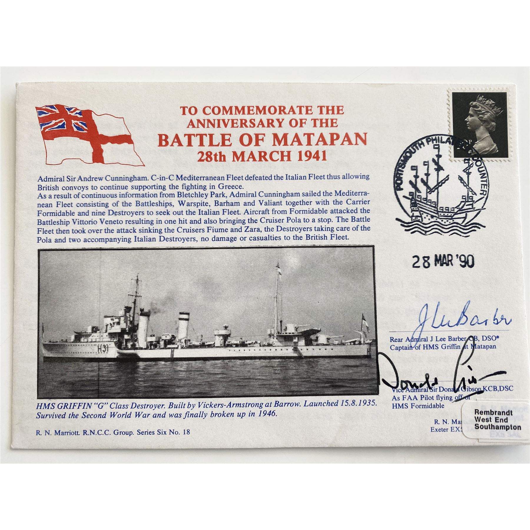 WWII Anniversary of Battle of Cape Matapan Commemorative Signed Cover