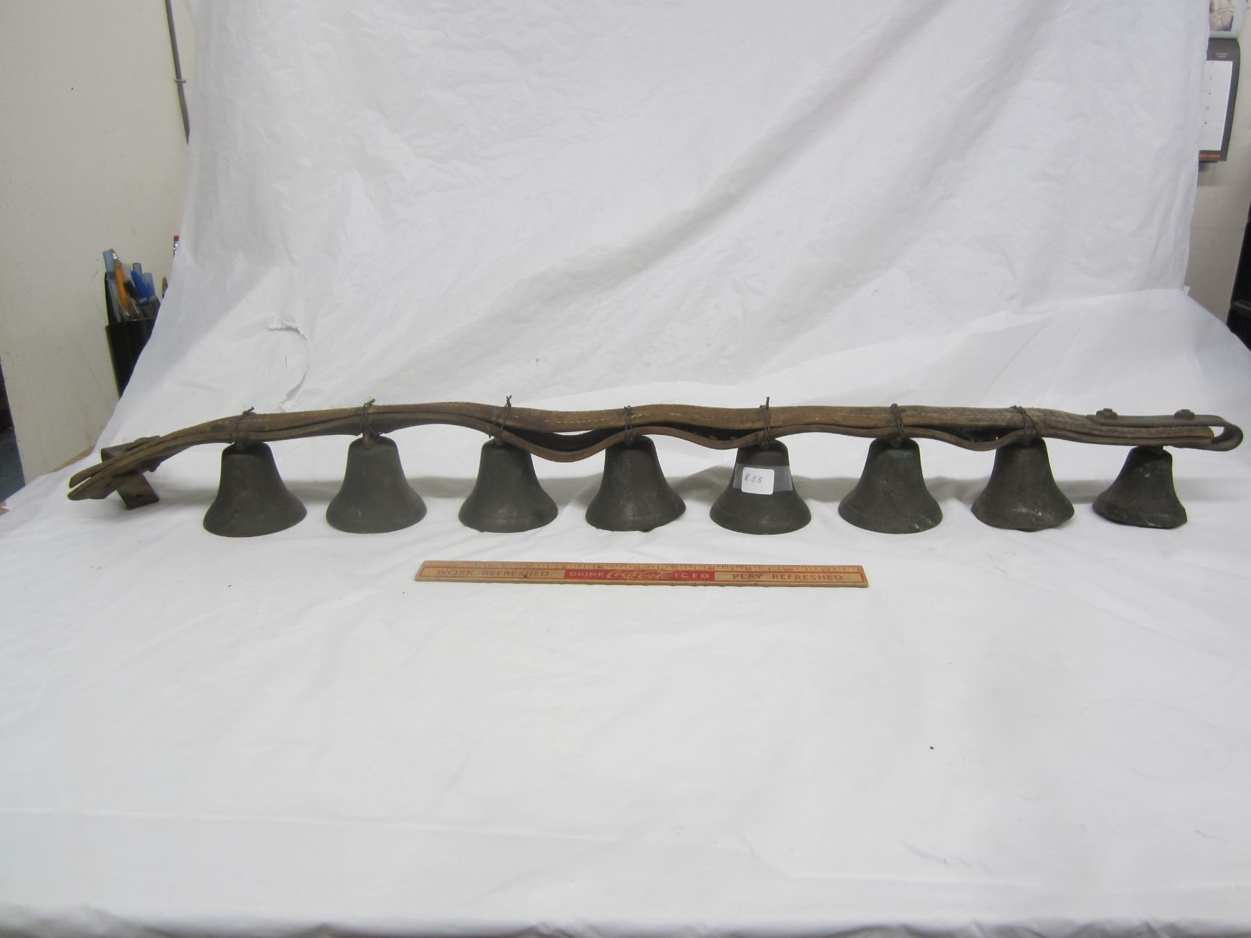 Large Antique Strap of 8 Brass Sleigh Bells 3 inch opening Nice Chimes ...