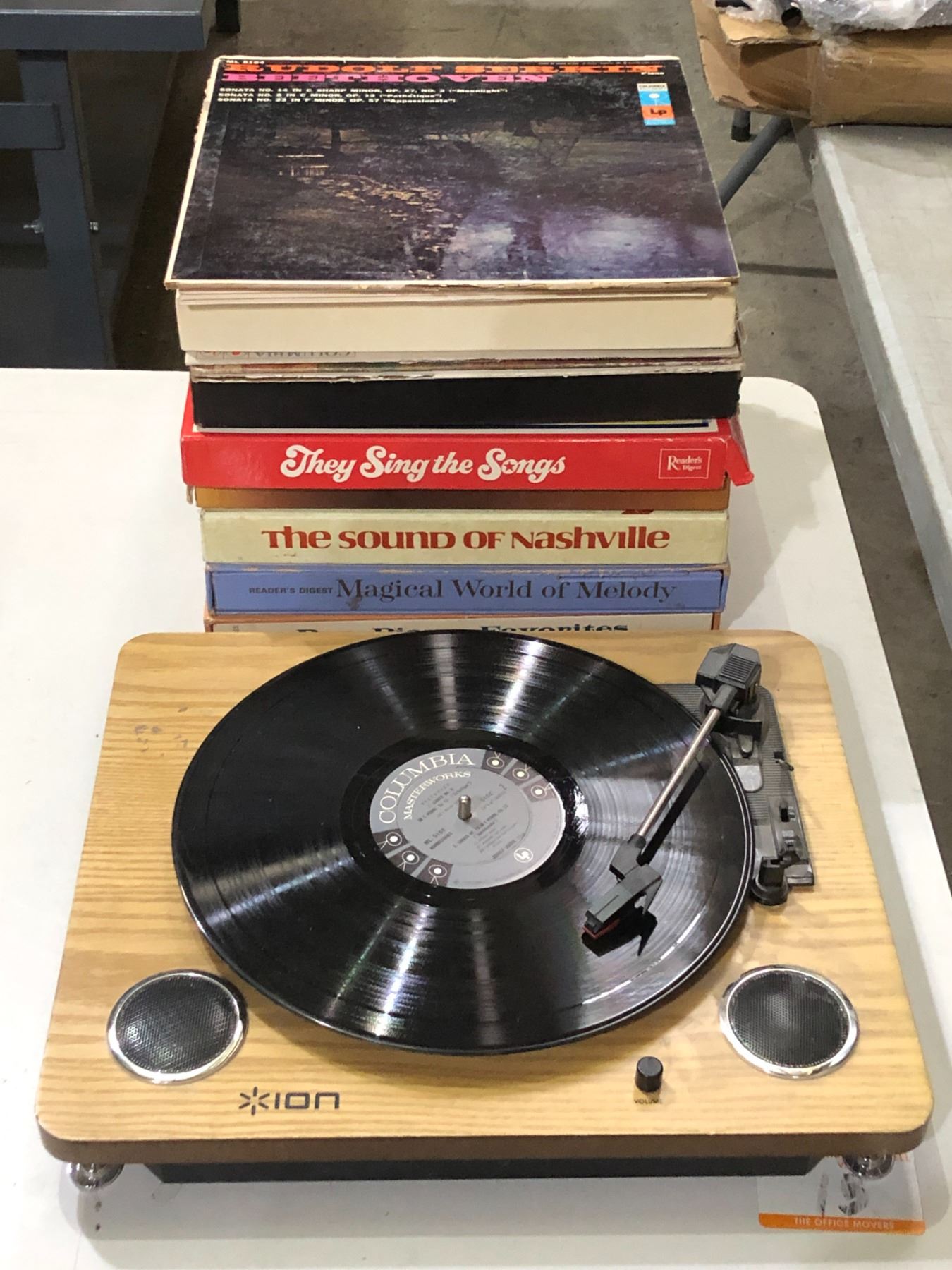 Group of assorted vintage records w/ ION record player (missing power ...