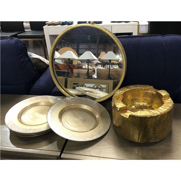 Decorative mirror, centerpiece, and 4 plates
