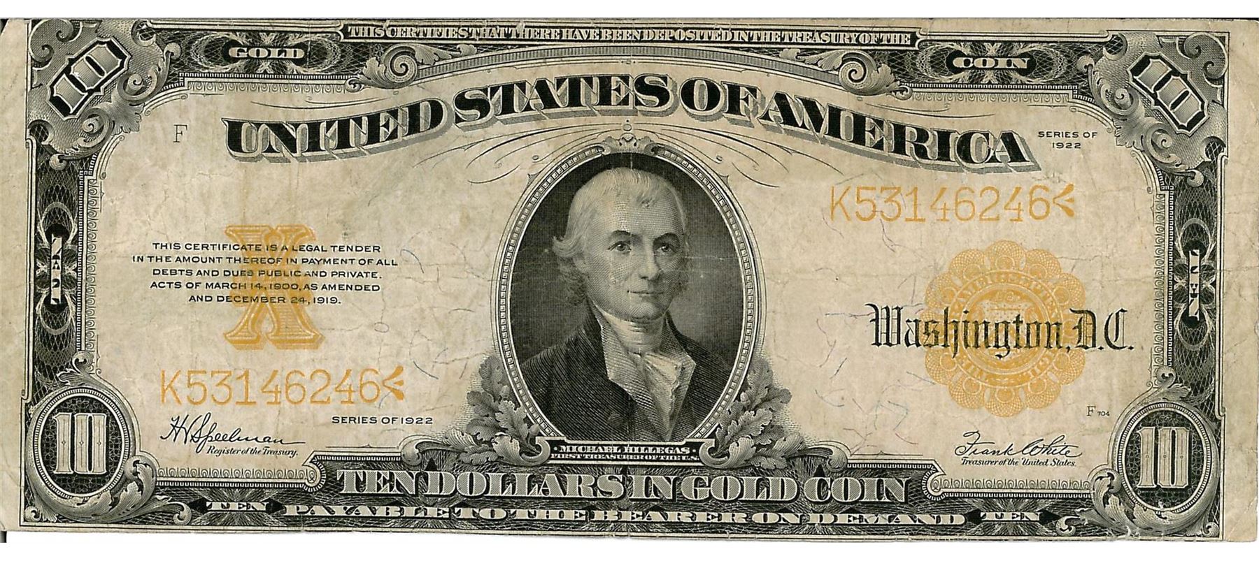1922 $10 Gold Certificate Bank Note