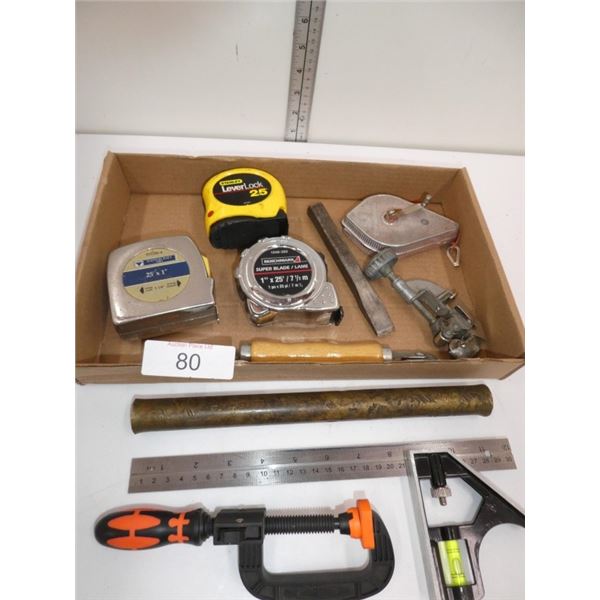 measuring tapes, clamp, square