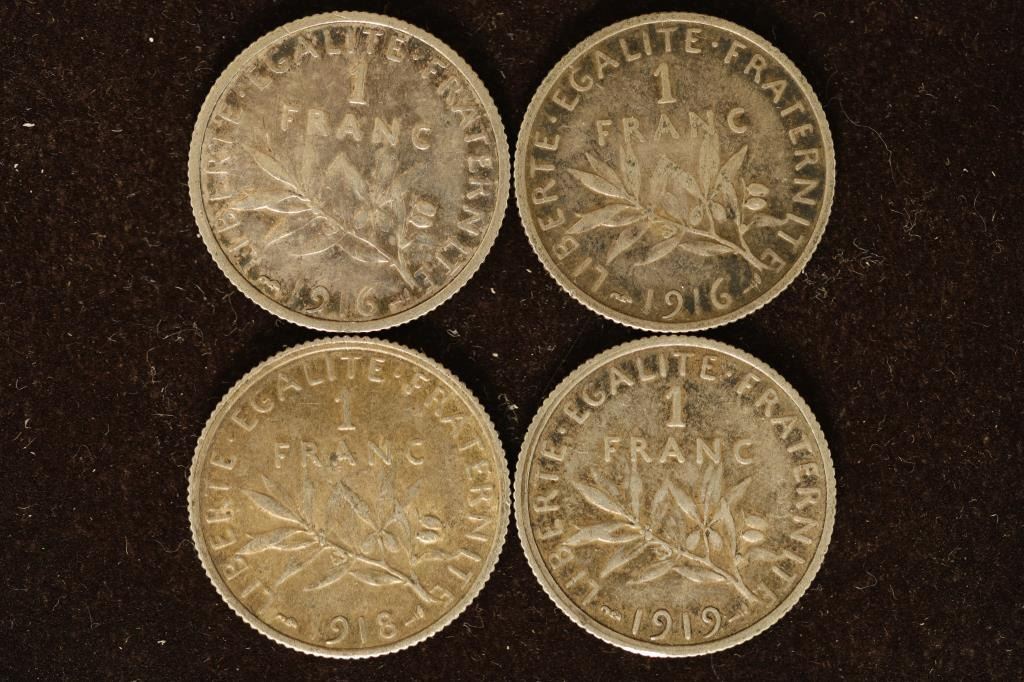 4 FRANCE SILVER 1 FRANC COINS (1916-1919) .1342