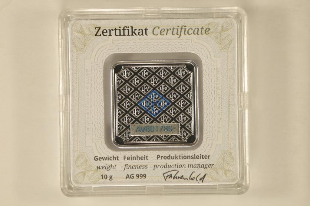 10 GRAMS GERMAN .9999 FINE SILVER GEIGER SQUARE.
