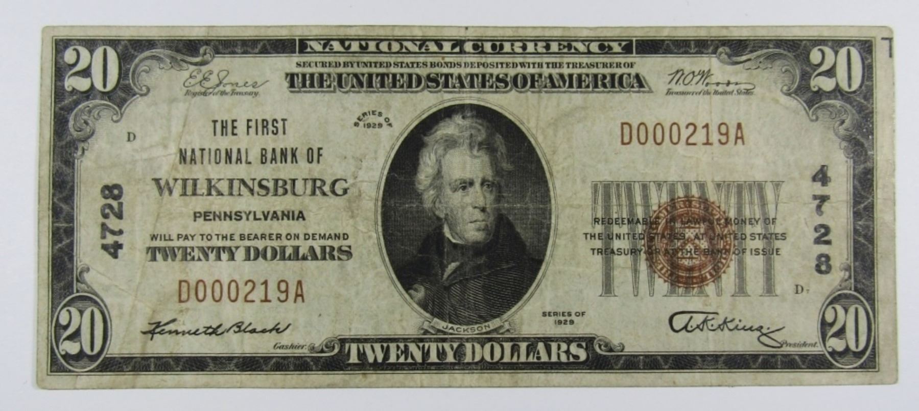 1929 $20 NATIONAL CURRENCY WILKINSBURG PA