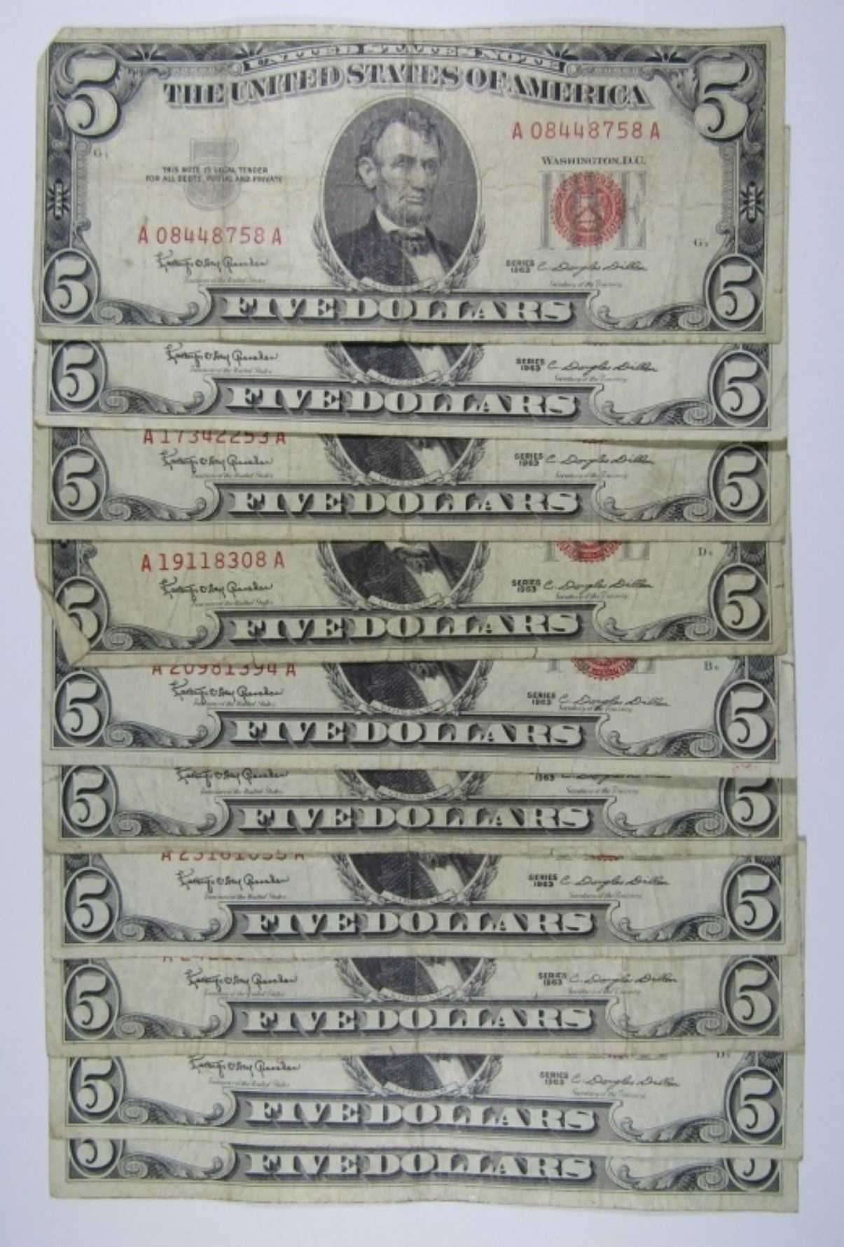 (10) 1963 $5 RED SEAL U.S. NOTES