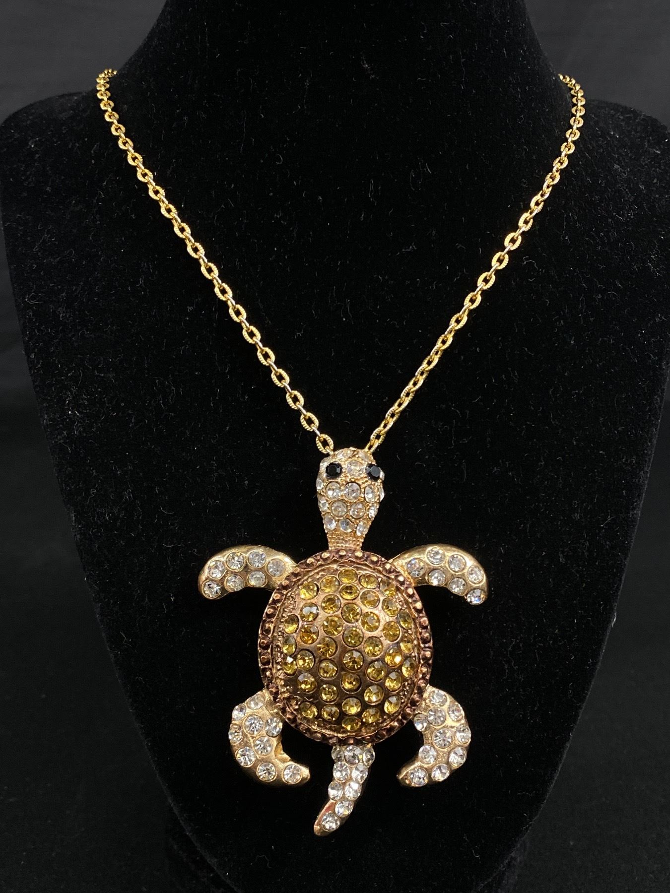 Large Vintage Rhinestone Turtle Movable Head Pendant Necklaces