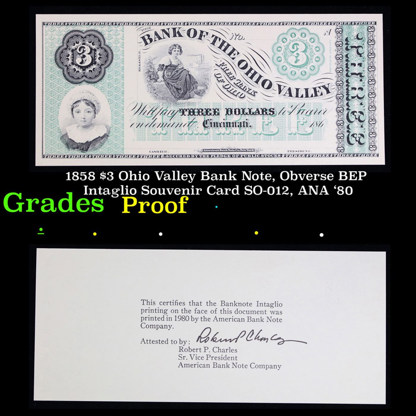 Proof 1858 $3 Ohio Valley Bank Note, Obverse BEP Intaglio Souvenir Card ...