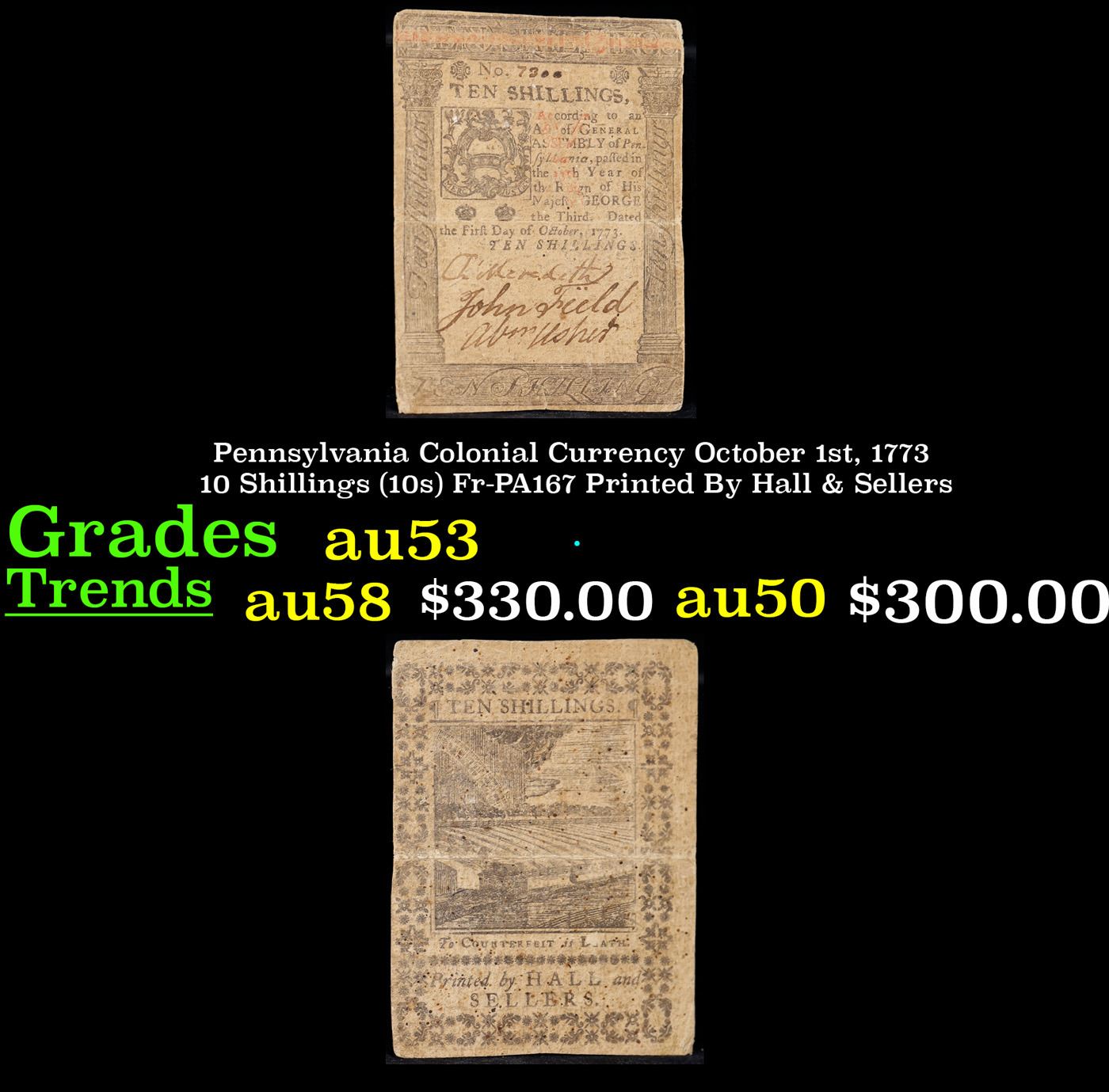 Pennsylvania Colonial Currency October 1st, 1773 10 Shillings (10s) Fr ...
