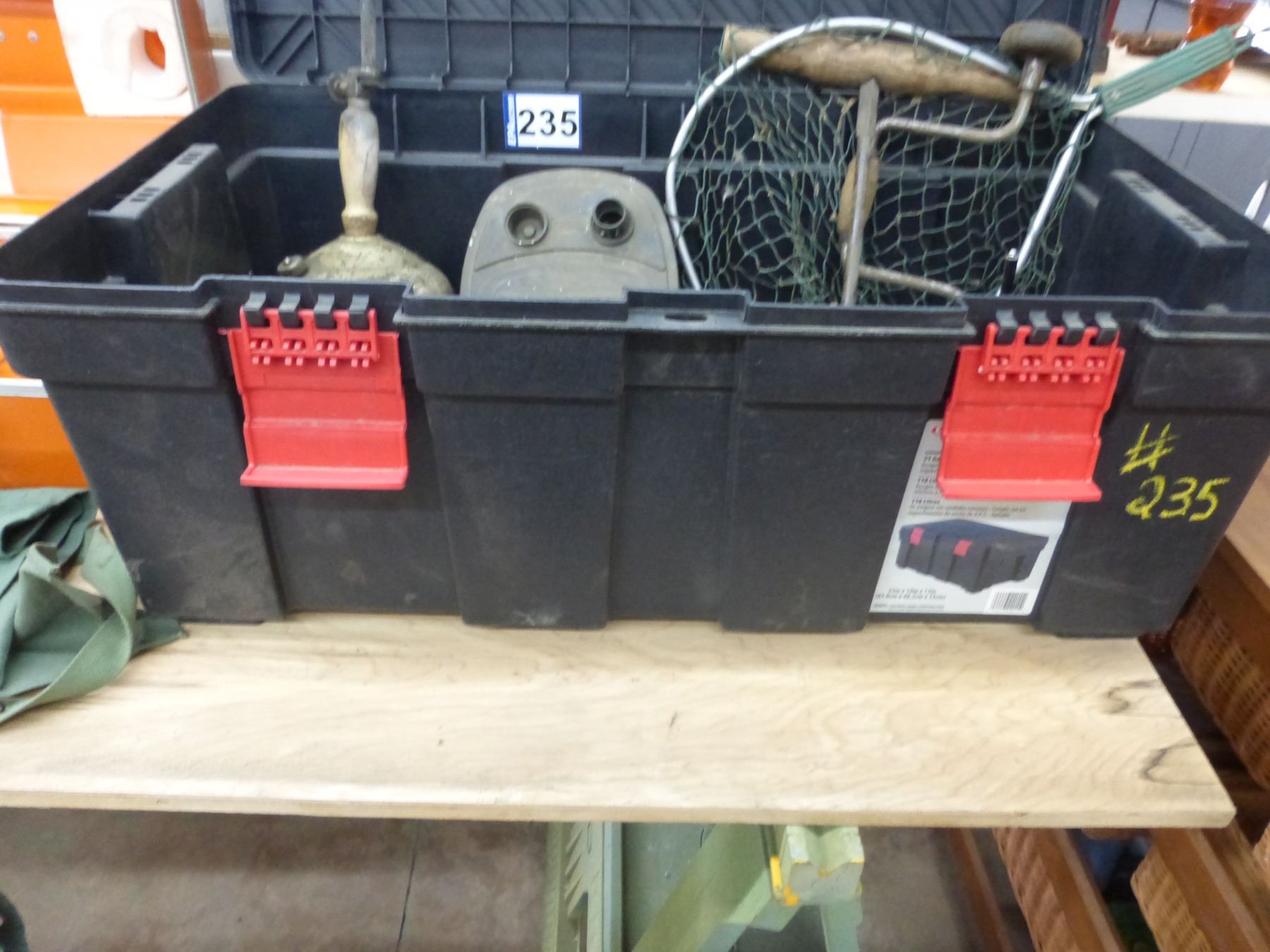 Black pump crate c/w wood drill, lamp, fishnet