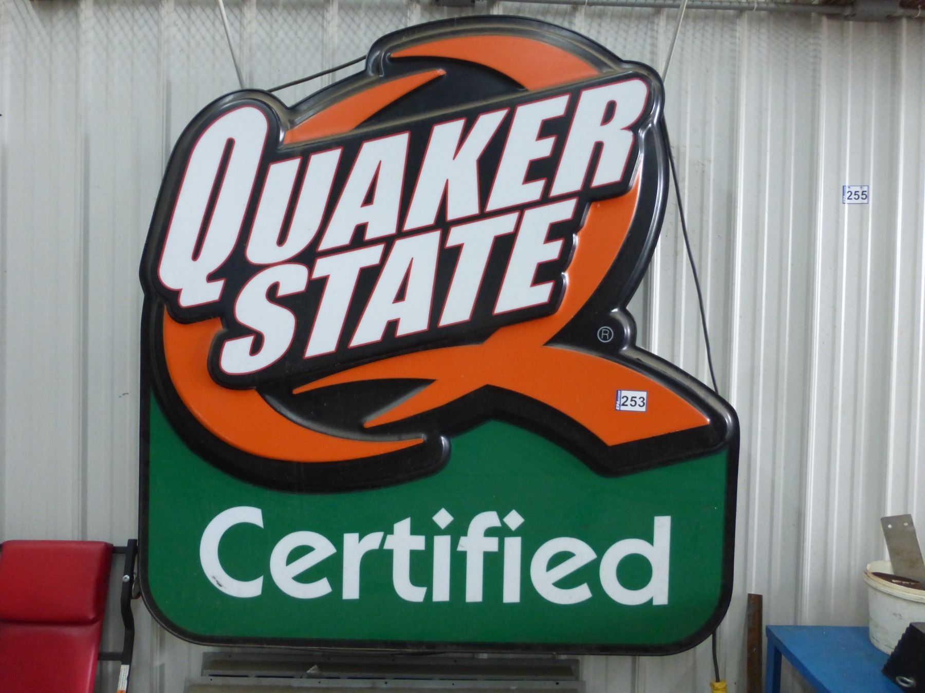 Single sided Quaker state sign, Approx. 68" x 62" (light works)