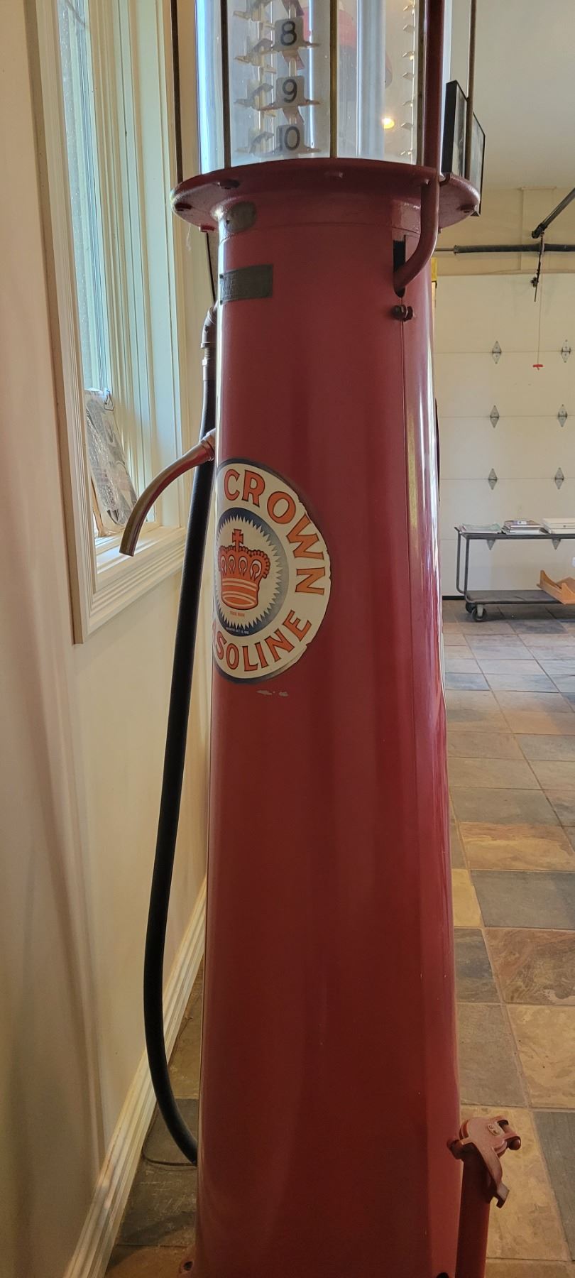 Restored Red Crown visible gas pump c/w Red Crown globe and gas