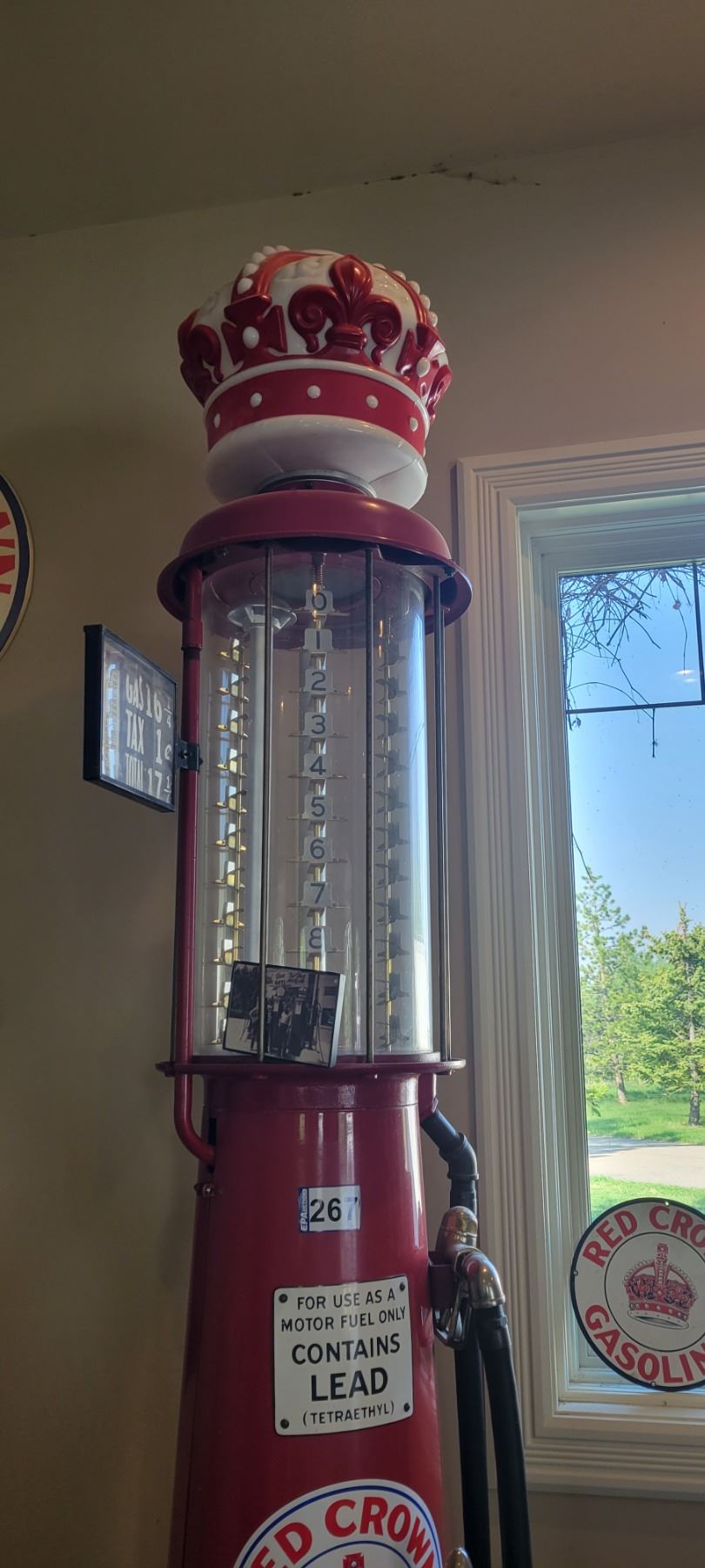 Restored Red Crown visible gas pump c/w Red Crown globe and gas