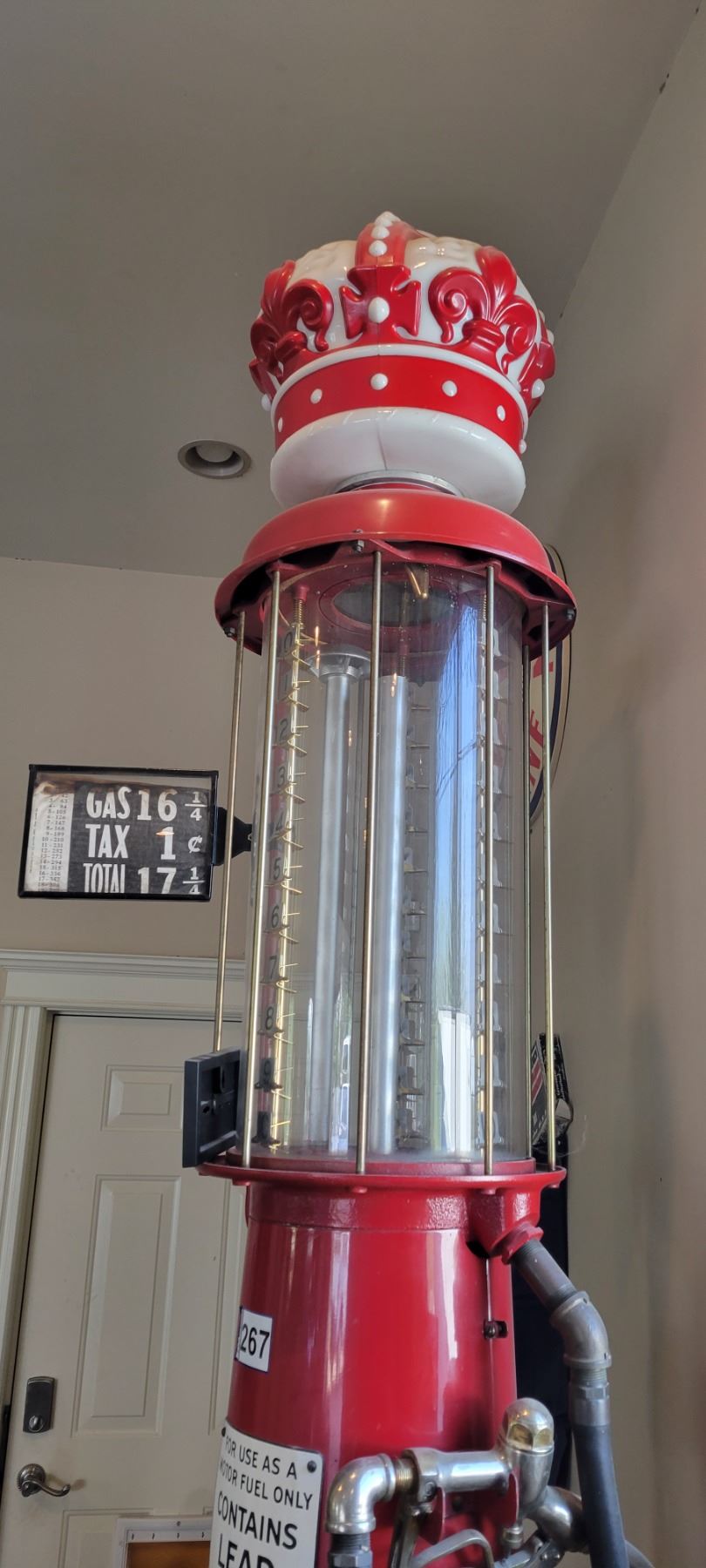 Restored Red Crown visible gas pump c/w Red Crown globe and gas