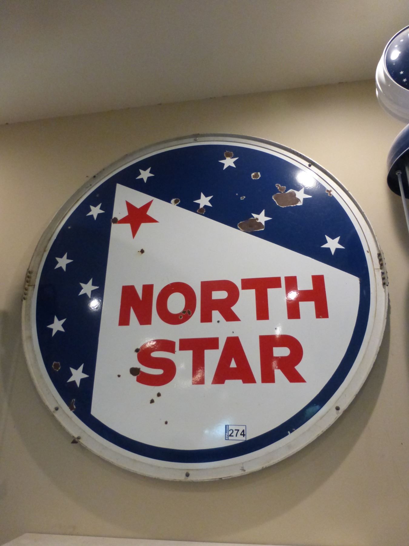 Original 5' North Star porcelain sign, double sided c/w ring