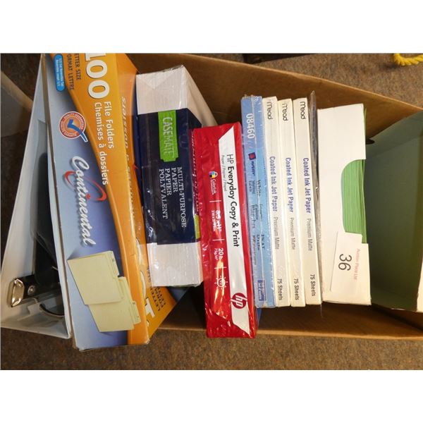 misc printer paper, binder, file folders